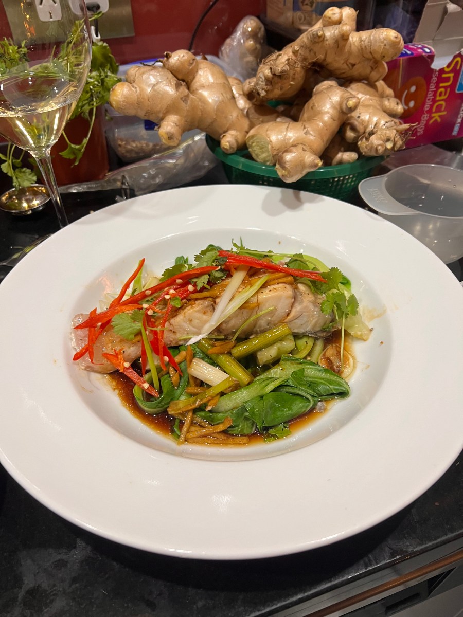 Steamed barramundi fillets with ginger and spring onion sauce ...